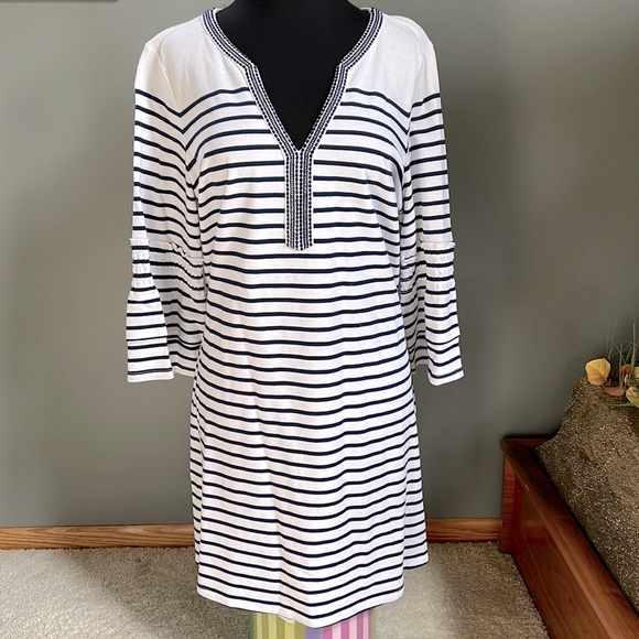 Talbots | Dresses | Nwt Talbots White Cotton Dress With Navy Stripes M ...